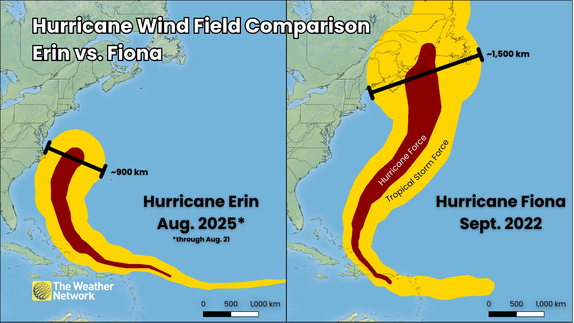 Hurricane Erin is huge, how does it compare to previous storms? - The Weather Network