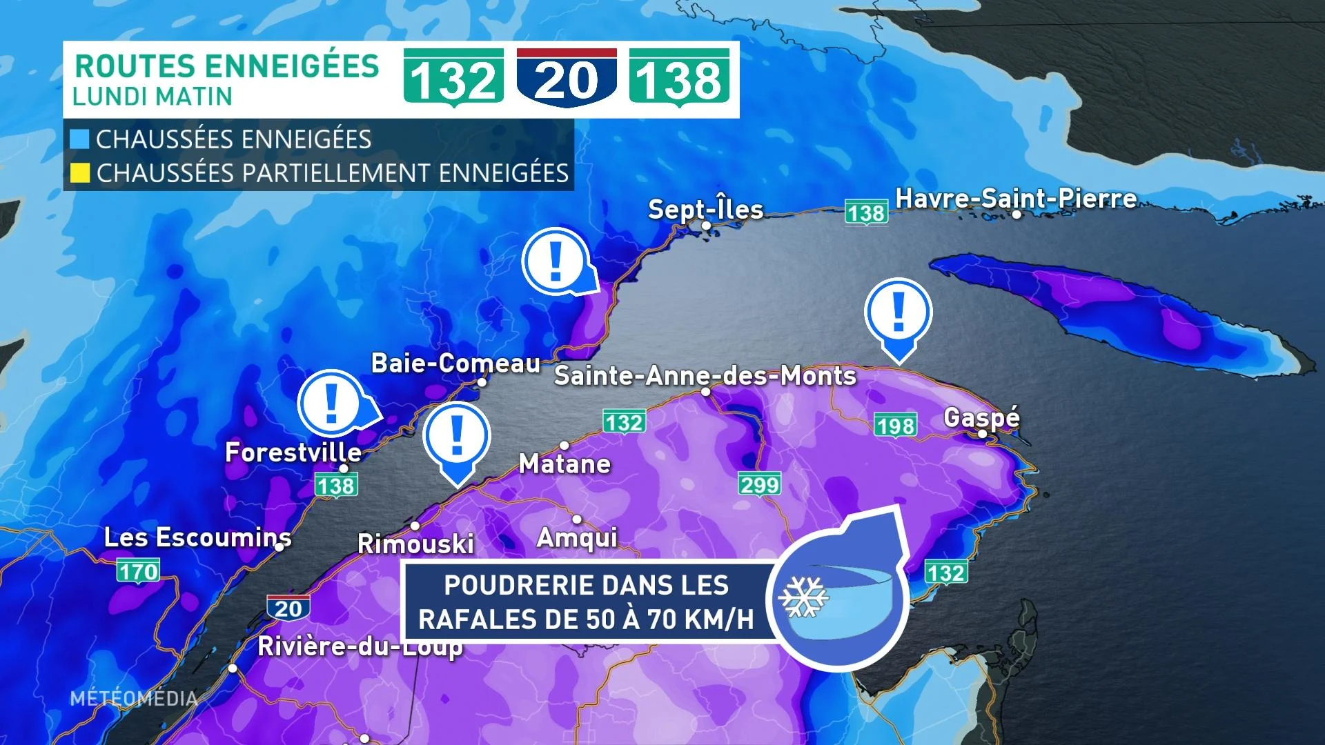 Plus de neige, poudrerie, rafales de 50 à 80 km/h: l'est du Québec écope encore - MétéoMédia