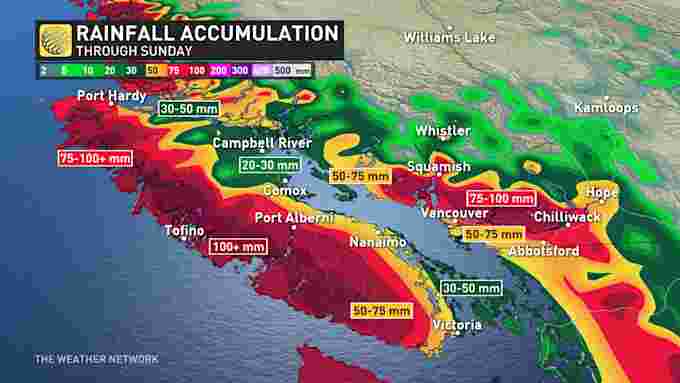 The Weather Network Rainfall Warnings Issued In B C Up To 100 Mm