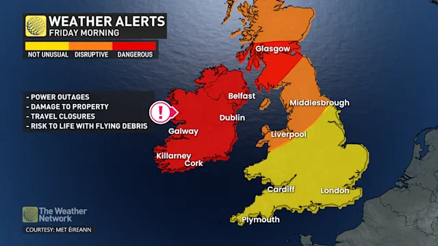 Rare red weather alert for Ireland as Storm Éowyn threatens 150+ km/h winds - The Weather Network