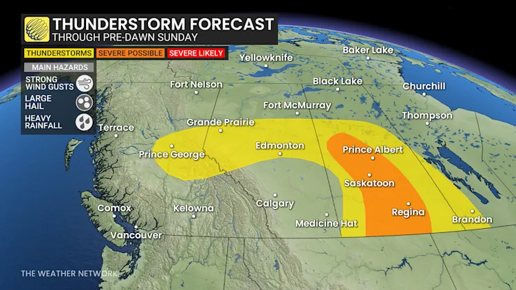 Severe storm risk continues overnight on the Prairies - The Weather Network