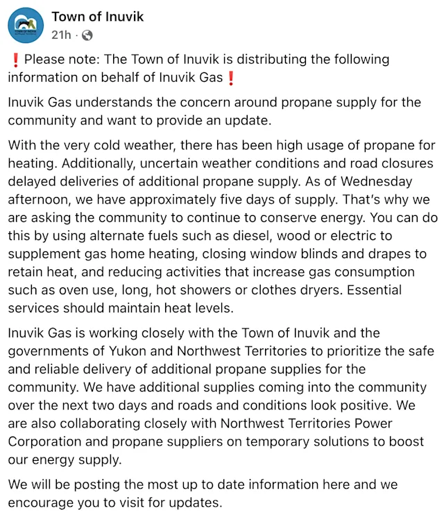 Inuvik has about 4 or 5 days' worth of propane on hand, mayor says ...