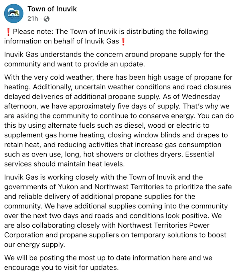 Inuvik has about 4 or 5 days' worth of propane on hand, mayor says ...