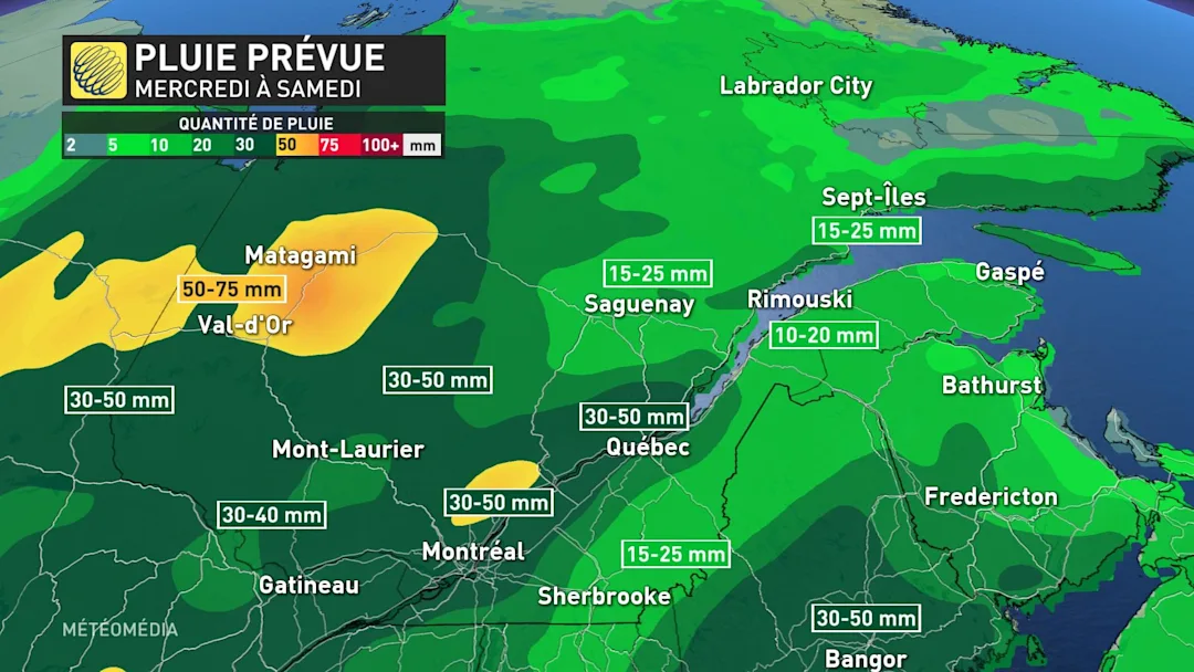 Jusqu'à 75 mm de pluie pour un secteur du Québec - MétéoMédia