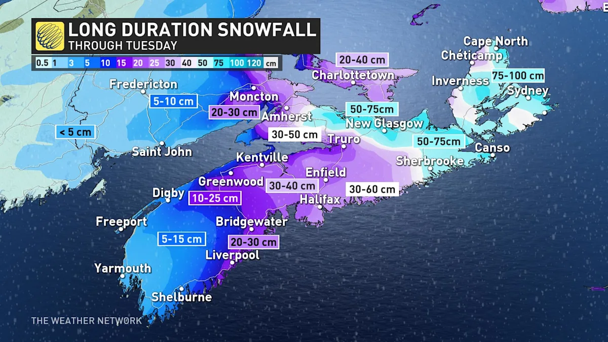 Marathon snow event parks over Atlantic Canada, hazardous travel ...