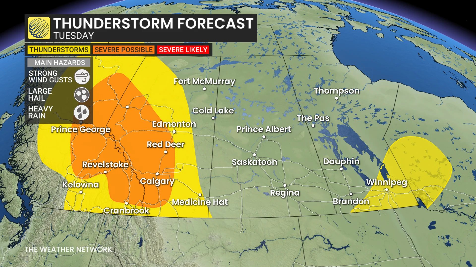 Severe storms with hail are possible in parts of Alberta and Manitoba ...