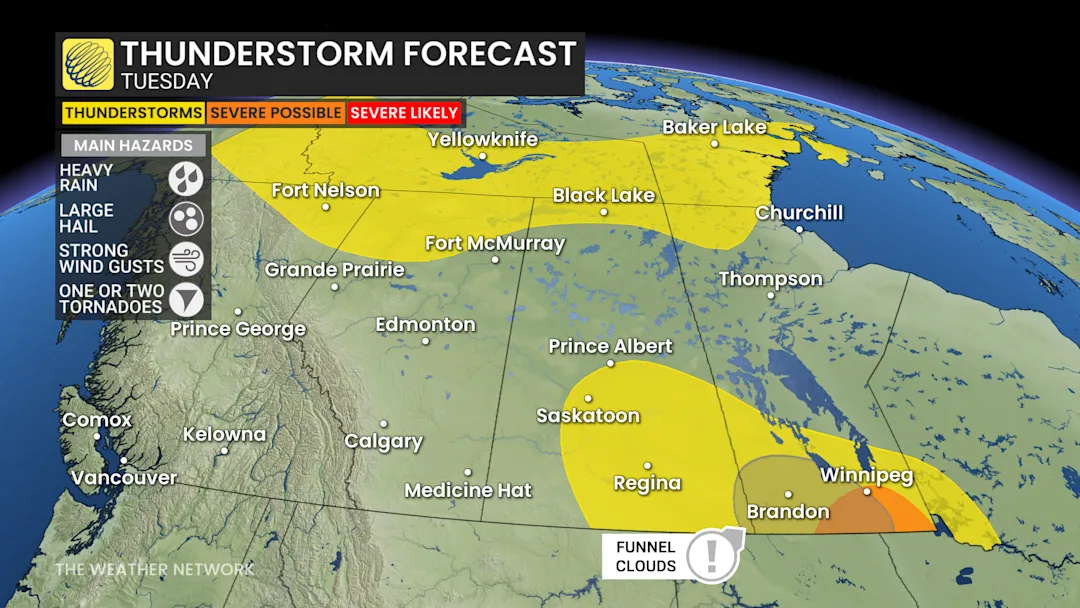 Severe storm, funnel cloud risk tracks into Manitoba Tuesday - The ...